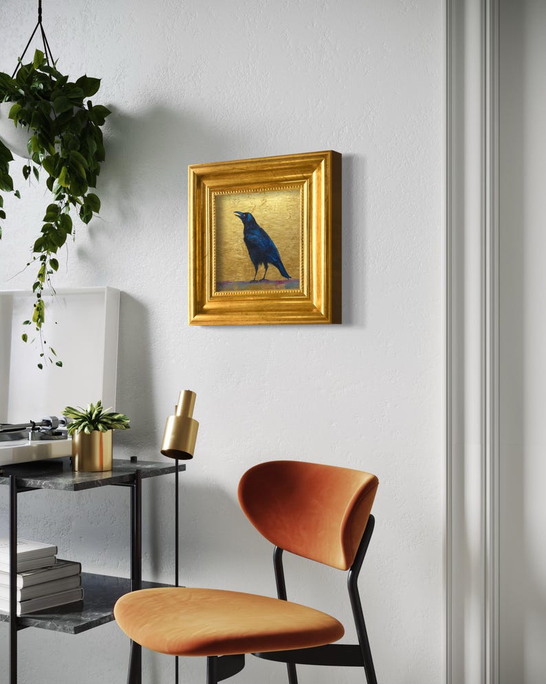 Raven Oil Painting Gold Leaf Canvas Bird Artwork Black Crow Animal Wall ...