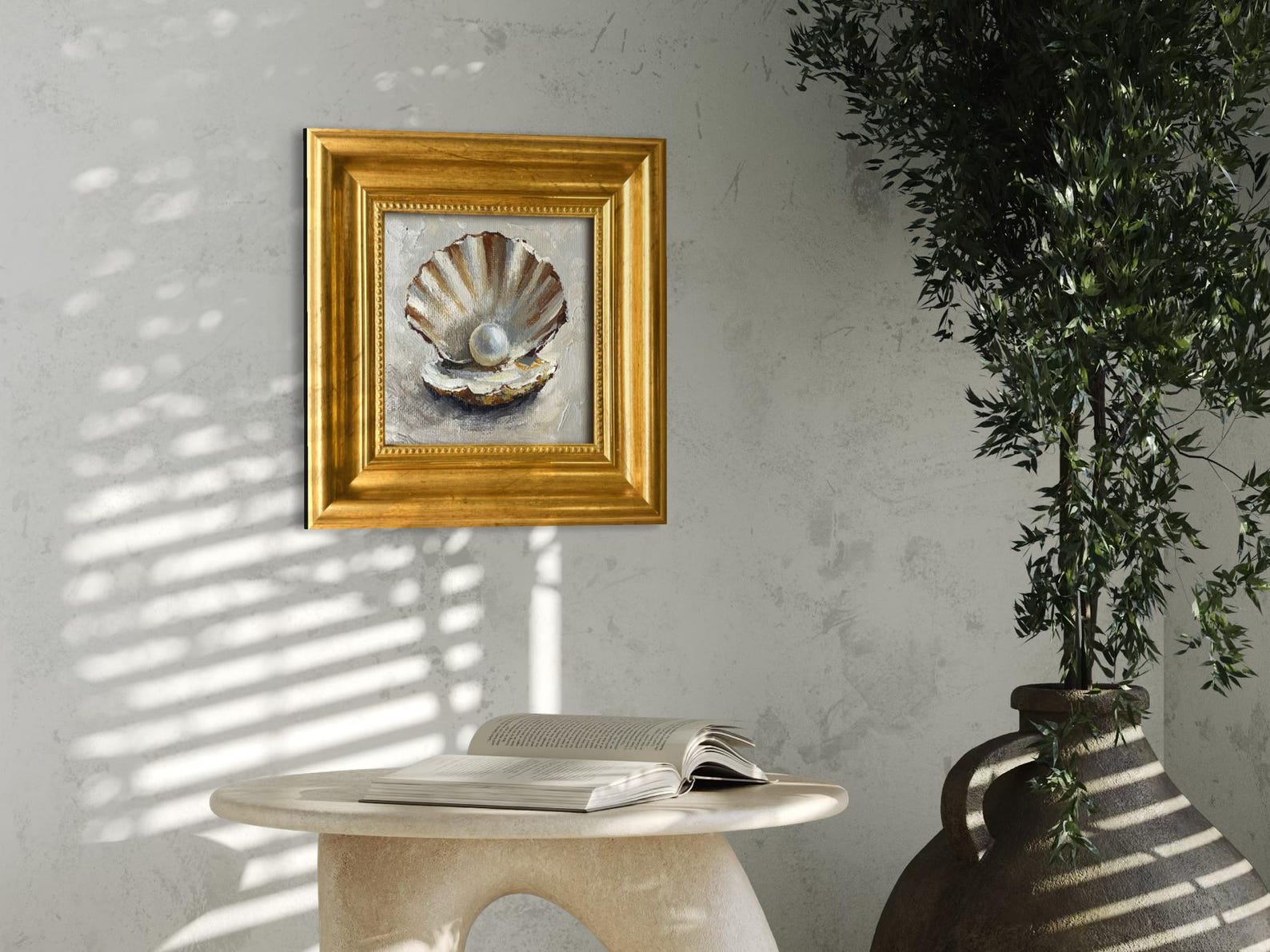 Pearl in Oyster Shell Oil Painting Textured Small Canvas Impasto Style ...