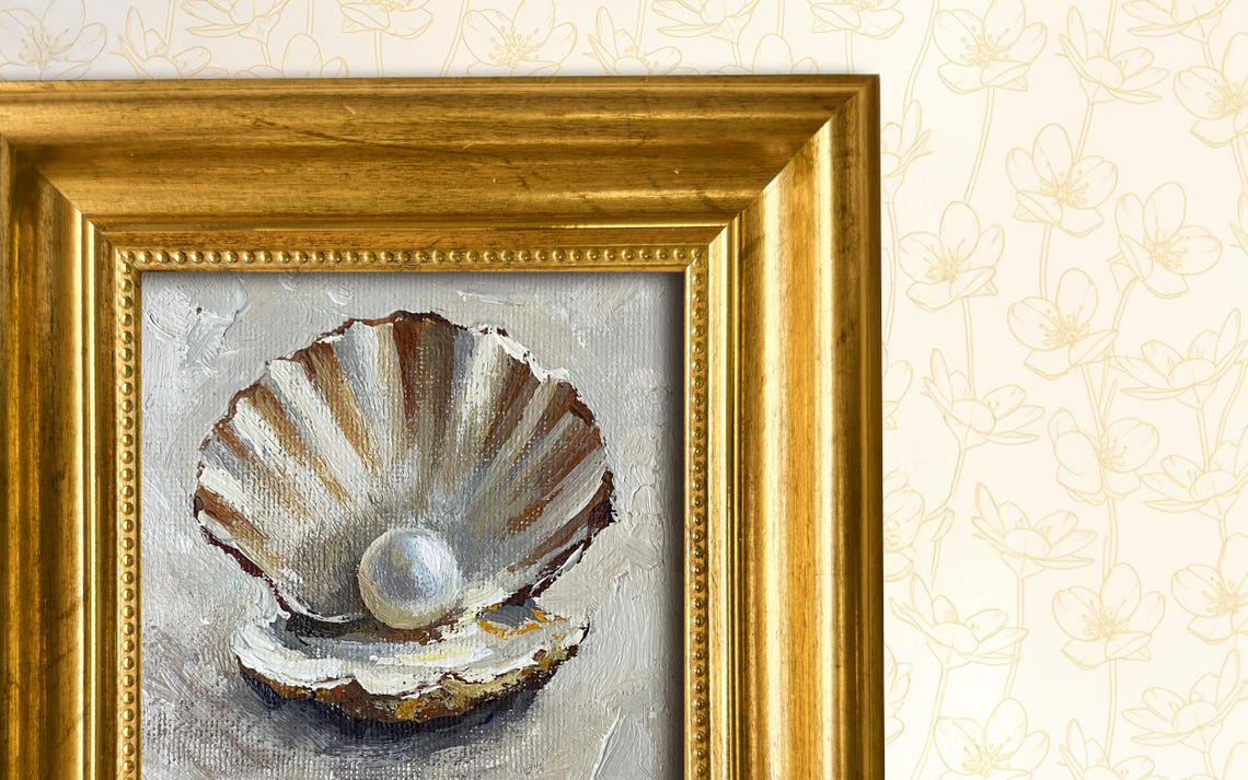 Pearl in Oyster Shell Oil Painting Textured Small Canvas Impasto Style ...