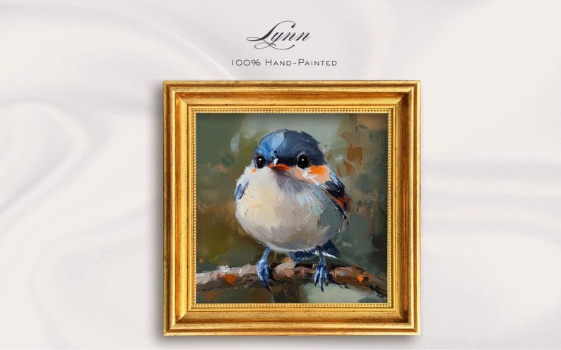 Small Vintage Oil Painting Bird on Branch Framed Vintage Artwork Hand ...