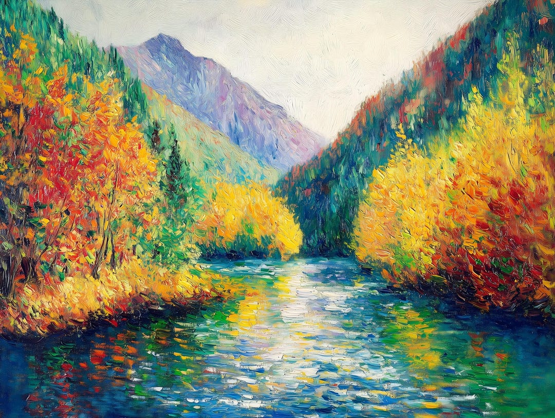 Colorful Fall Foliage and River in the Mountains, Impressionist ...