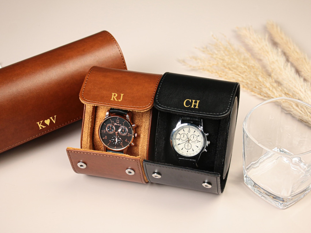 Custom Monogrammed Leather Watch Box , Luxury Leather Watch Case Roll ...