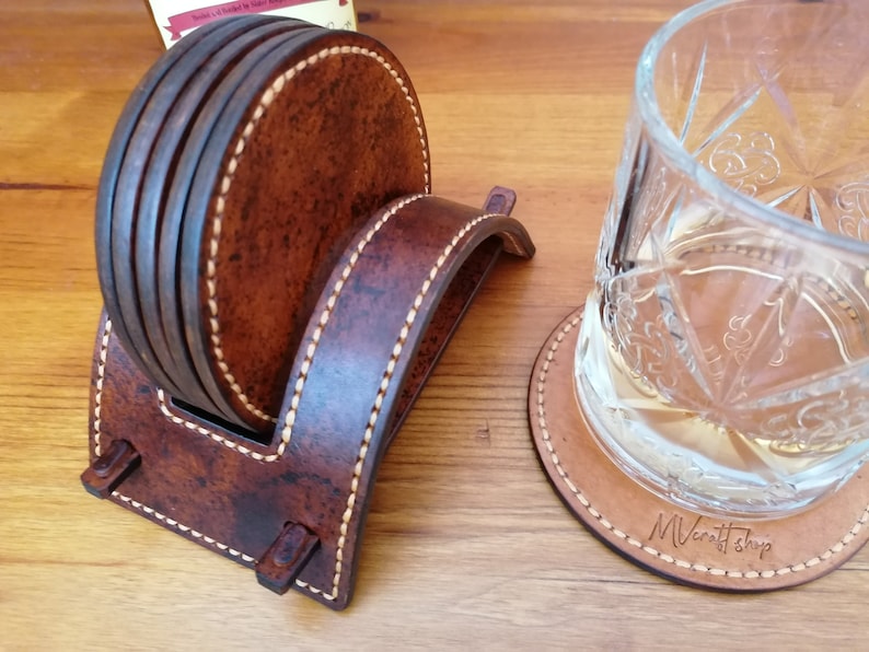 Vintage Style Leather Coasters Set - Double-faced, Handmade With ...