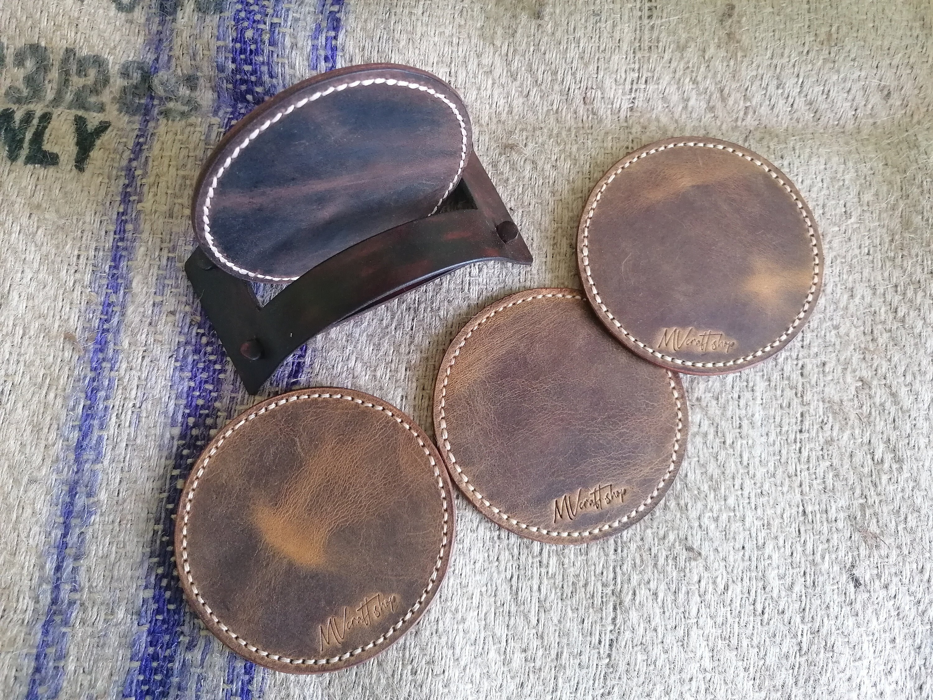 Vintage Style Leather Coasters Set Double-faced, Handmade With Natural ...