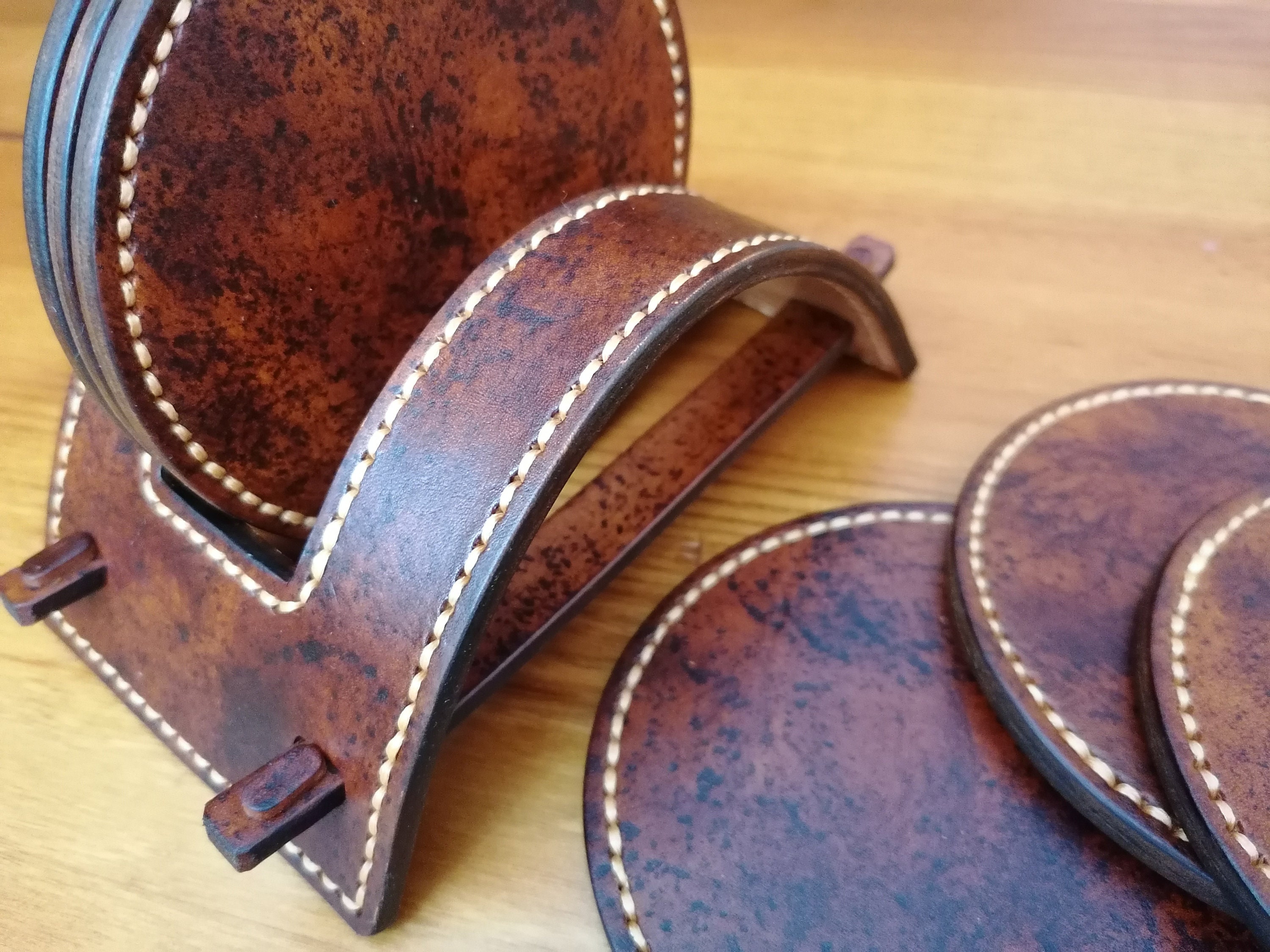 Vintage Style Leather Coasters Set - Double-faced, Handmade With ...