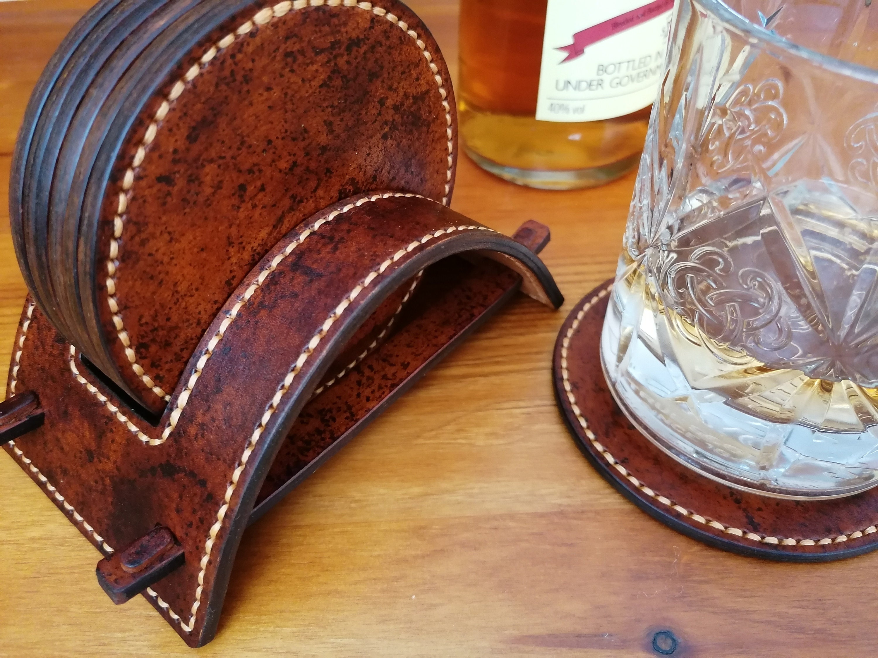Vintage Style Leather Coasters Set - Double-faced, Handmade With ...