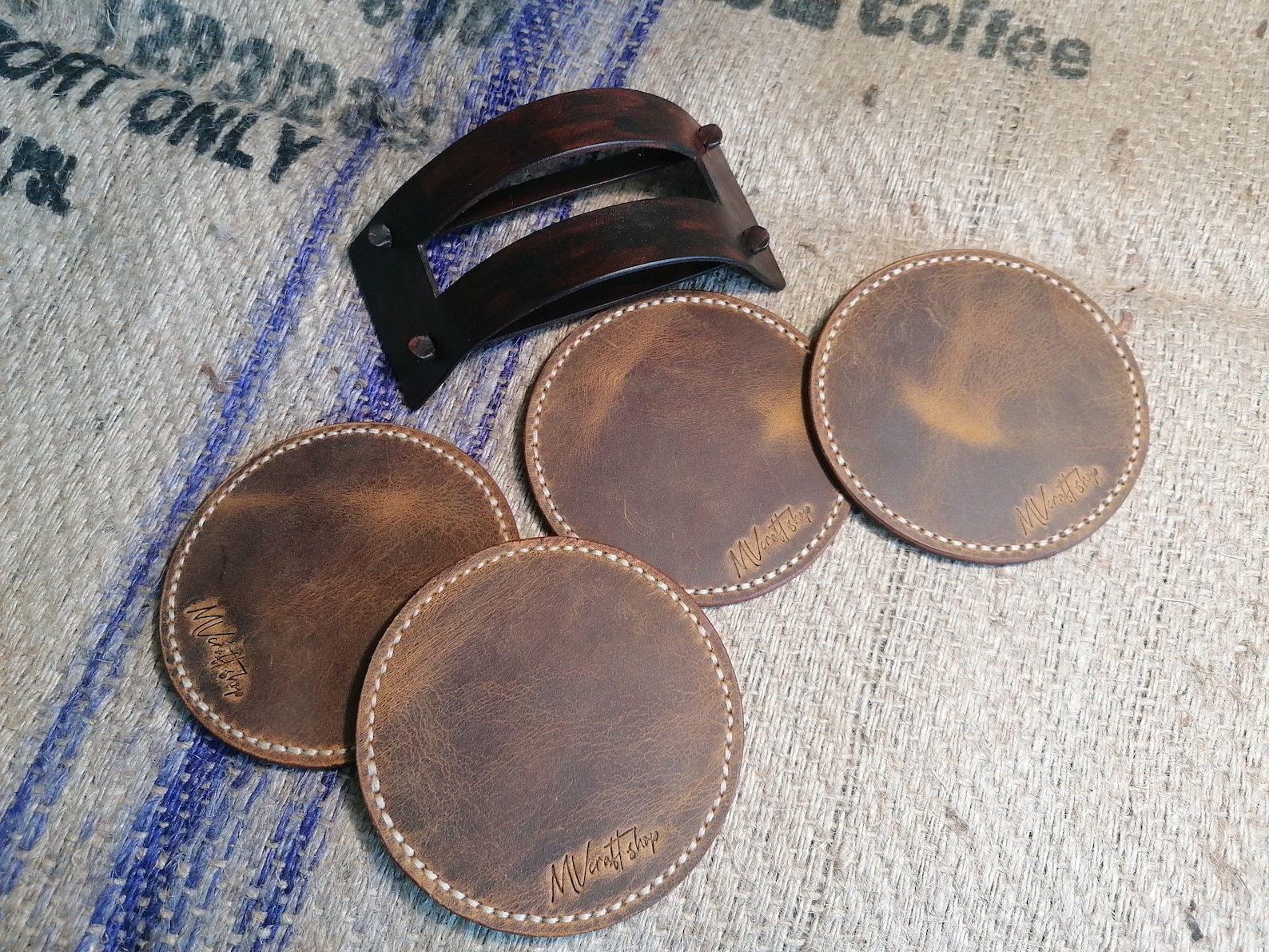 Vintage Style Leather Coasters Set Double-faced, Handmade With Natural ...