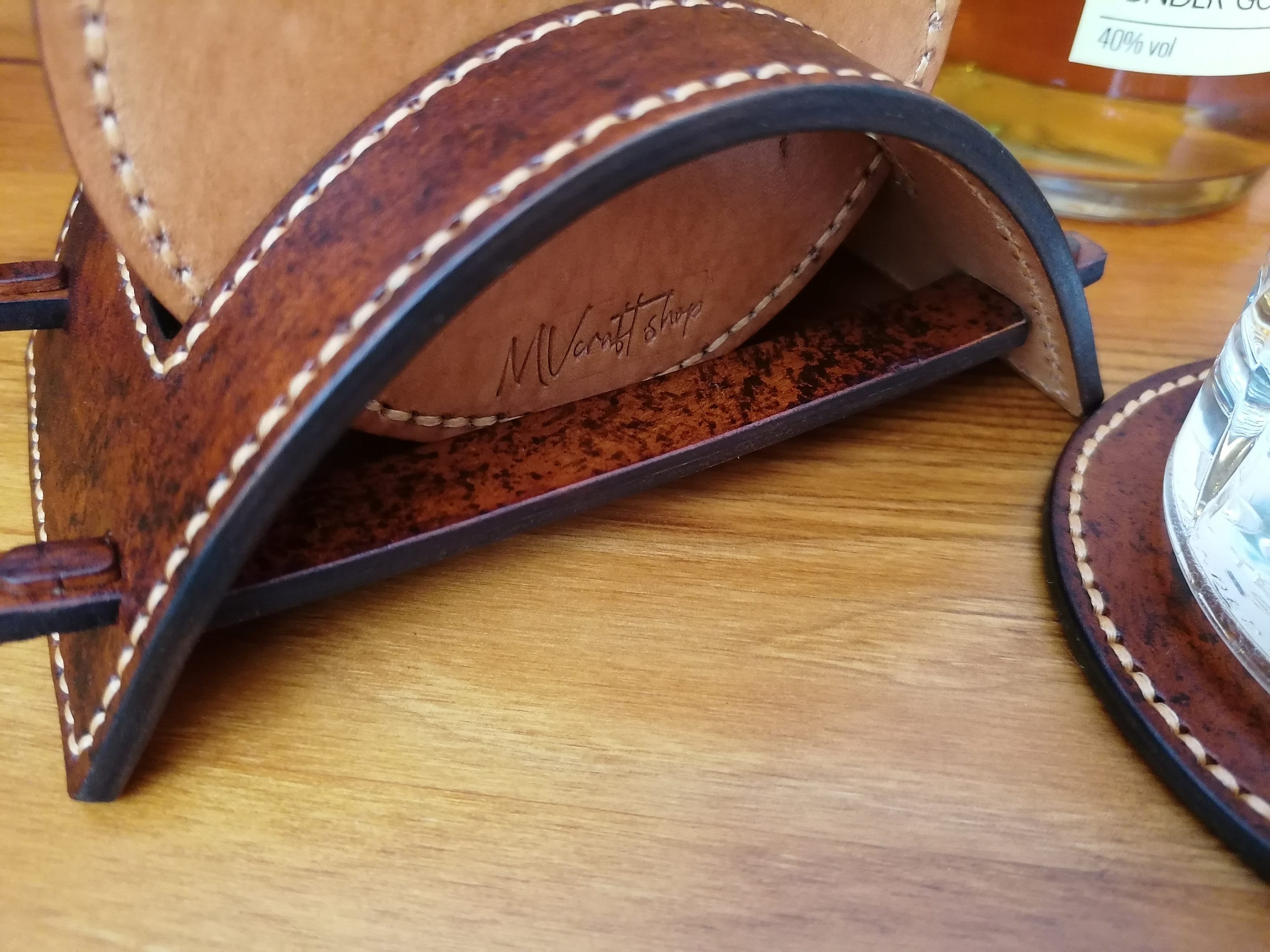 Vintage Style Leather Coasters Set - Double-faced, Handmade With ...