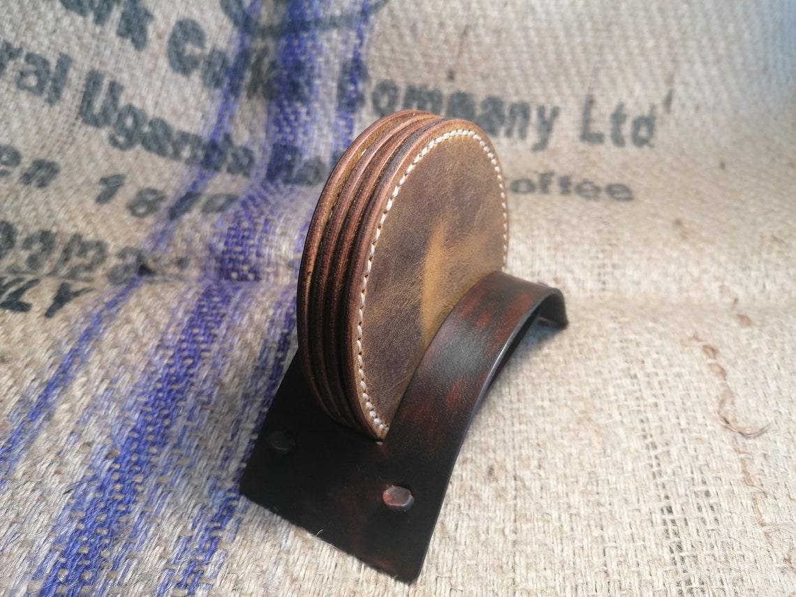 Vintage Style Leather Coasters Set Double-faced, Handmade With Natural ...
