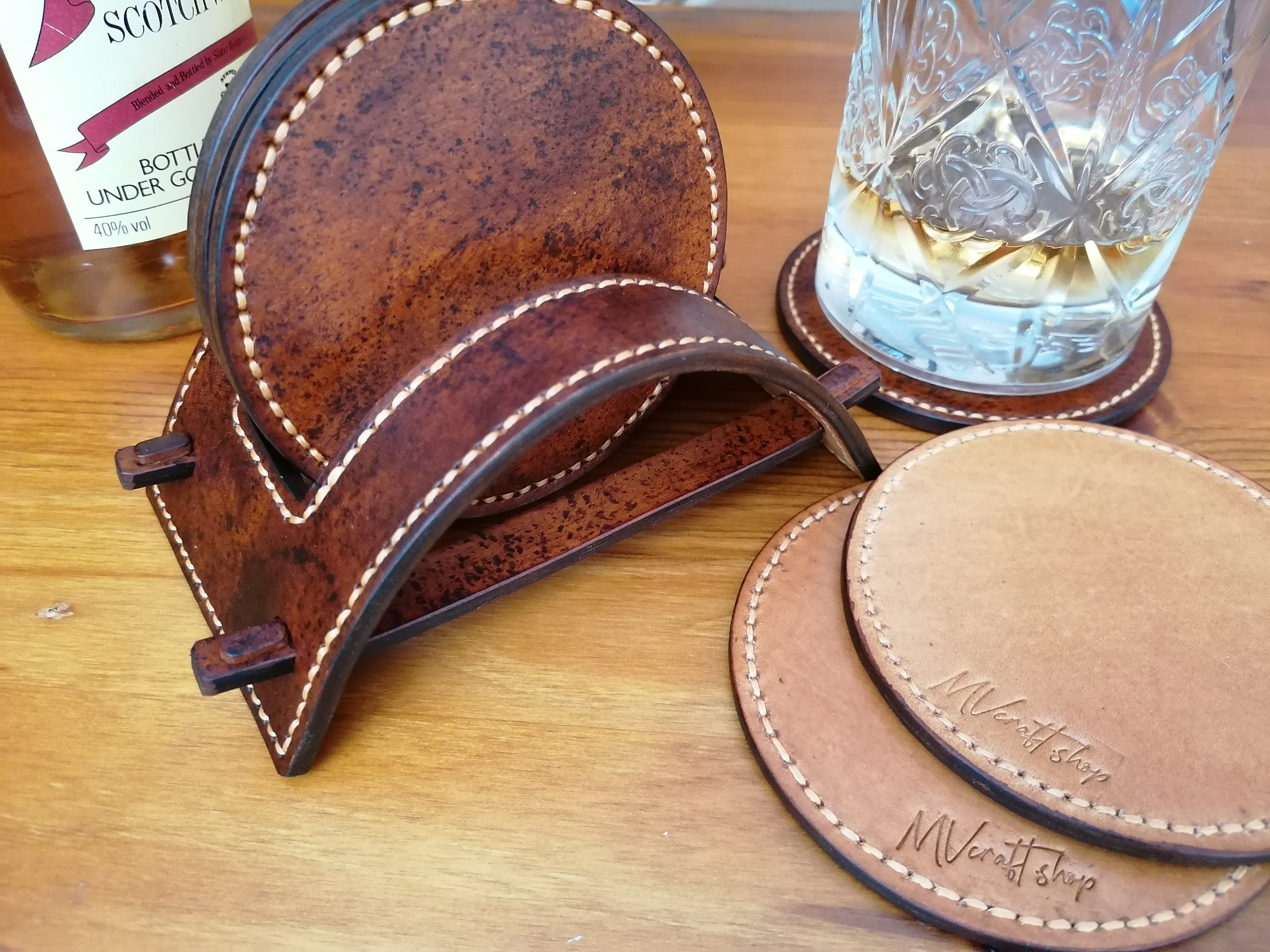 Vintage Style Leather Coasters Set - Double-faced, Handmade With ...