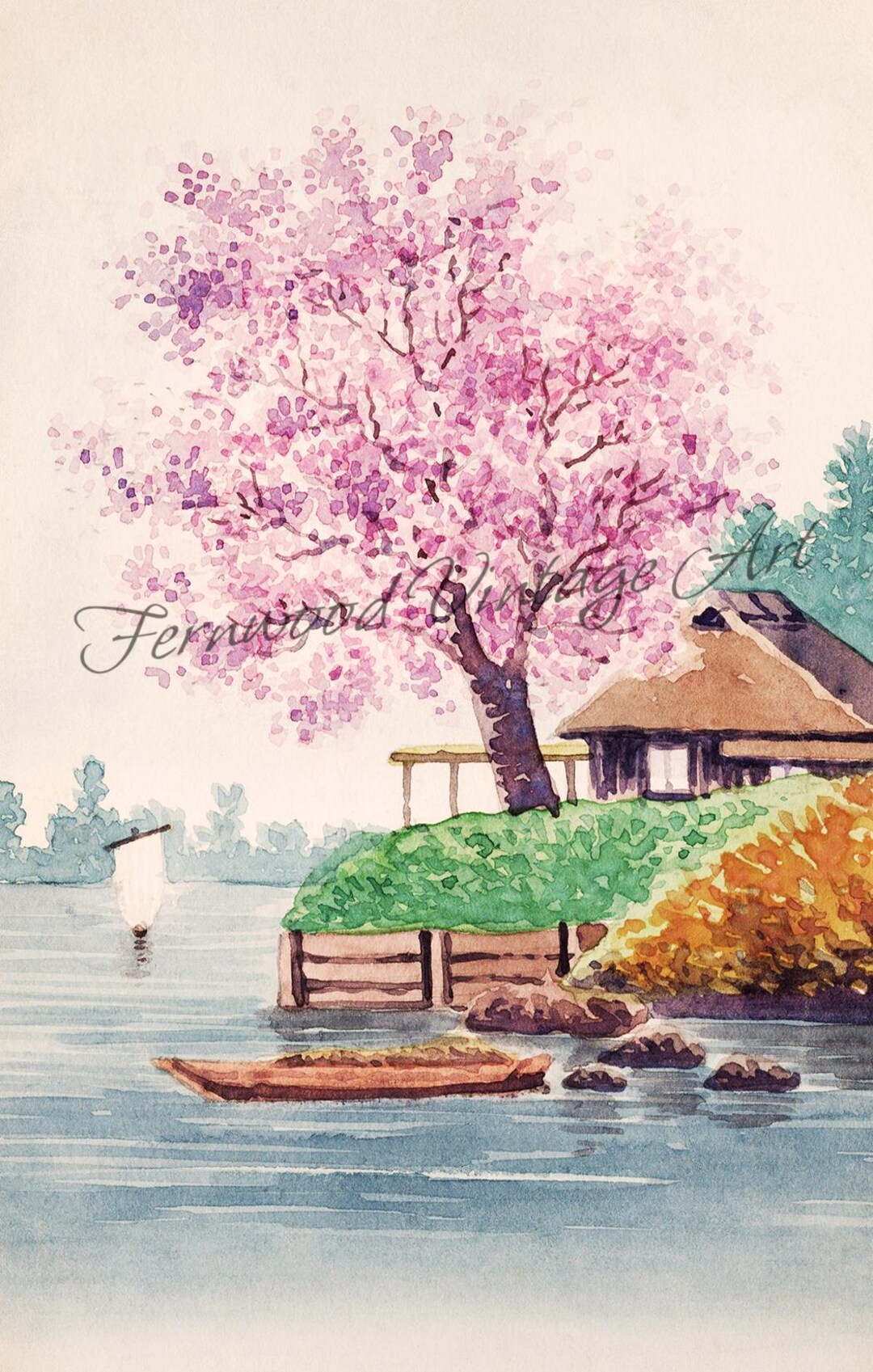 Cherry Tree and Japanese Water Scene | Instant Digital Download Jpg ...
