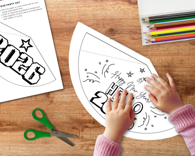 Printable Happy New Year Hats | 2026 NYE Paper Party Hat Kids Coloring ...