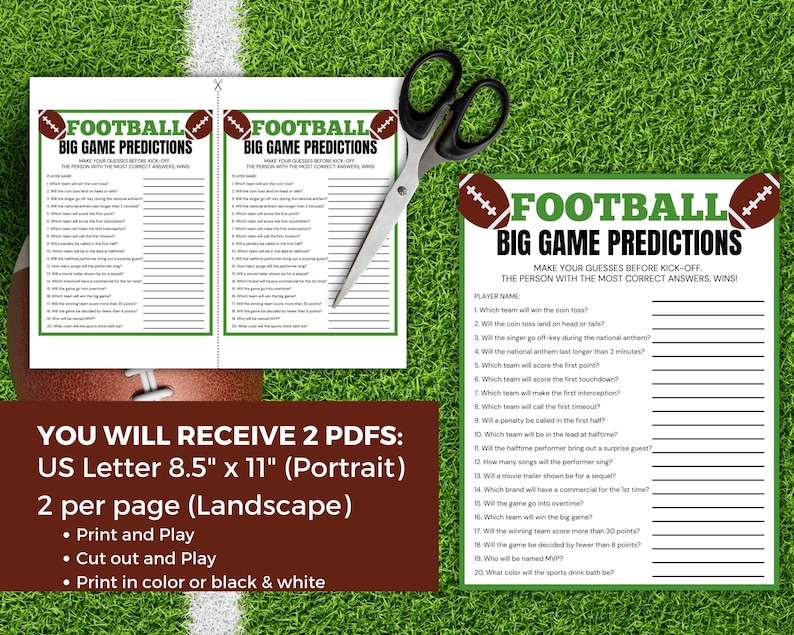 Football Game Predictions Printable, Football Party Games, Football ...