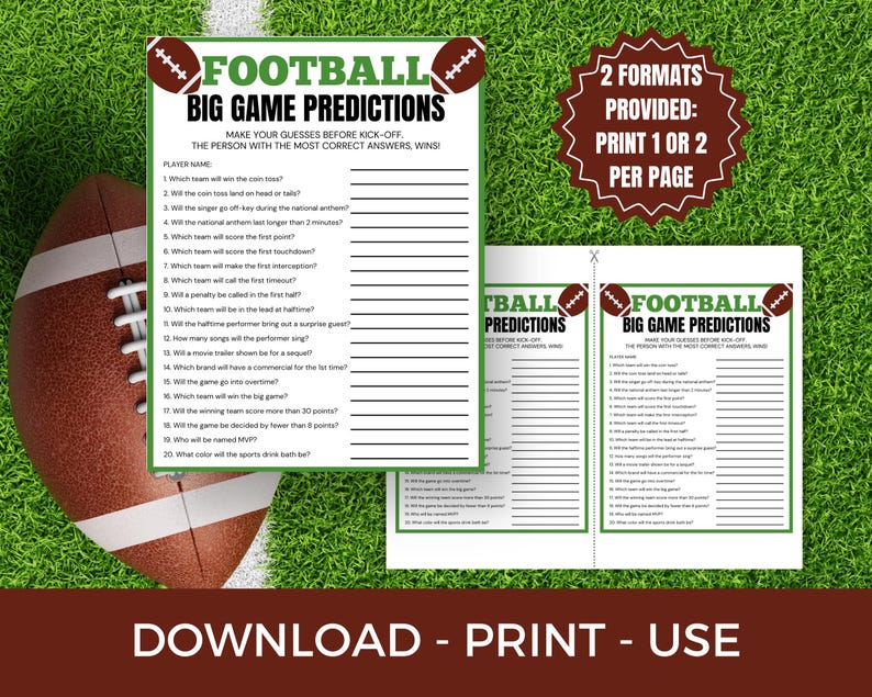 Football Game Predictions Printable, Football Party Games, Football ...