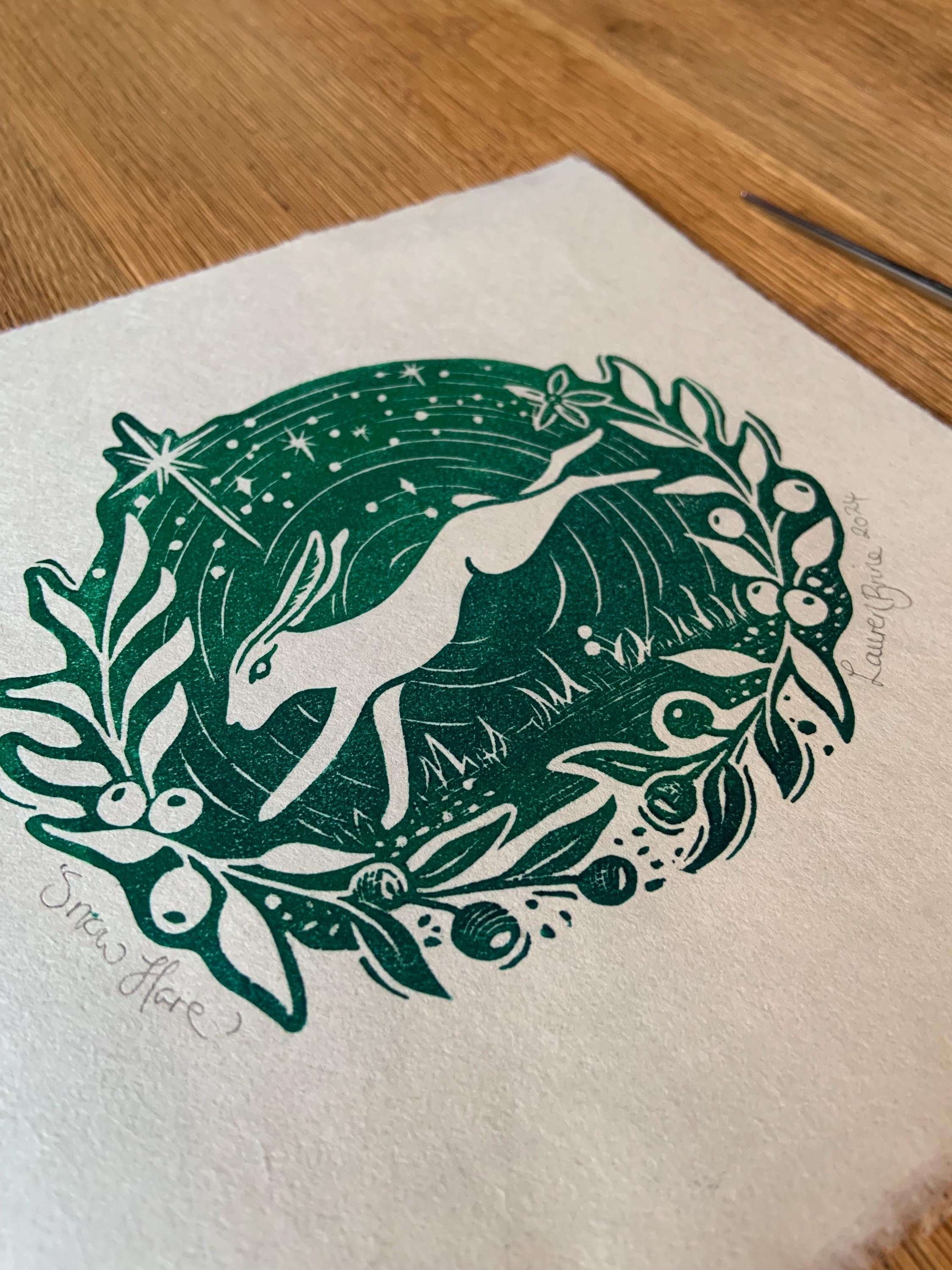 Original Linocut Print snow Hare - Etsy