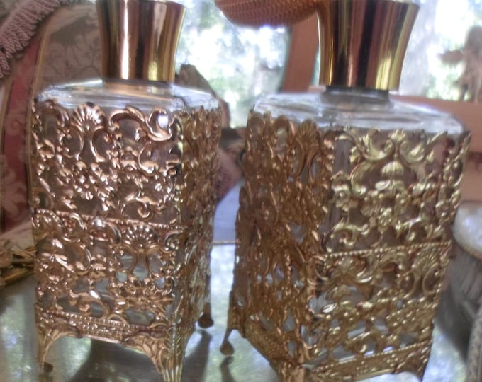 Vintage Hollywood Regency Perfume Bottle Set: Brass Filigree Vanity ...