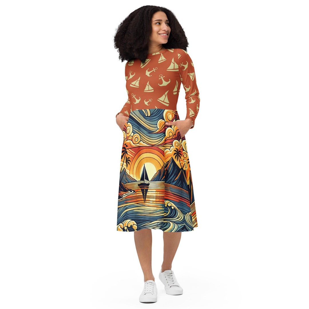 Sailboats Dress, Hawaiian Style Dress, Sunset Pattern, Sailboat Pattern ...