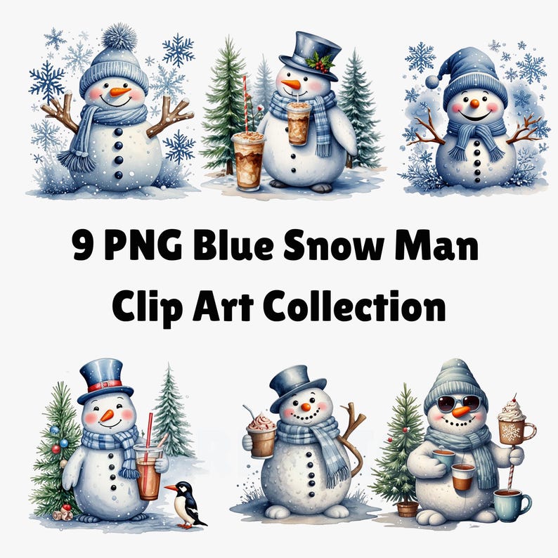 Watercolor Snowman Collection Clipart, Blue Snowman Christmas Png ...