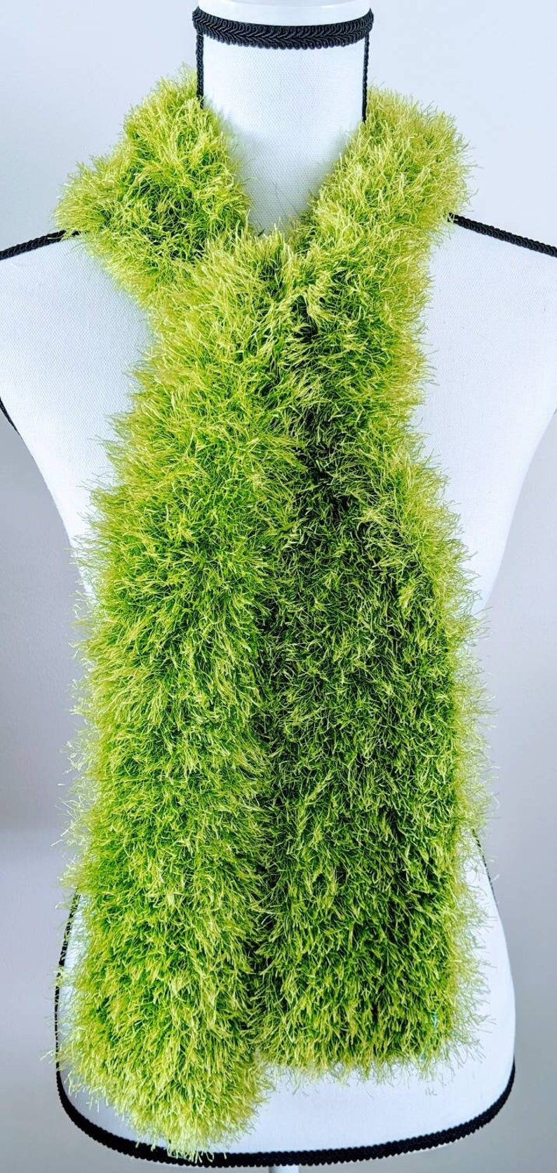 New Handmade Fuzzy Soft Knit Scarf in Pear Green Eyelash Yarn - 5" X 72 ...