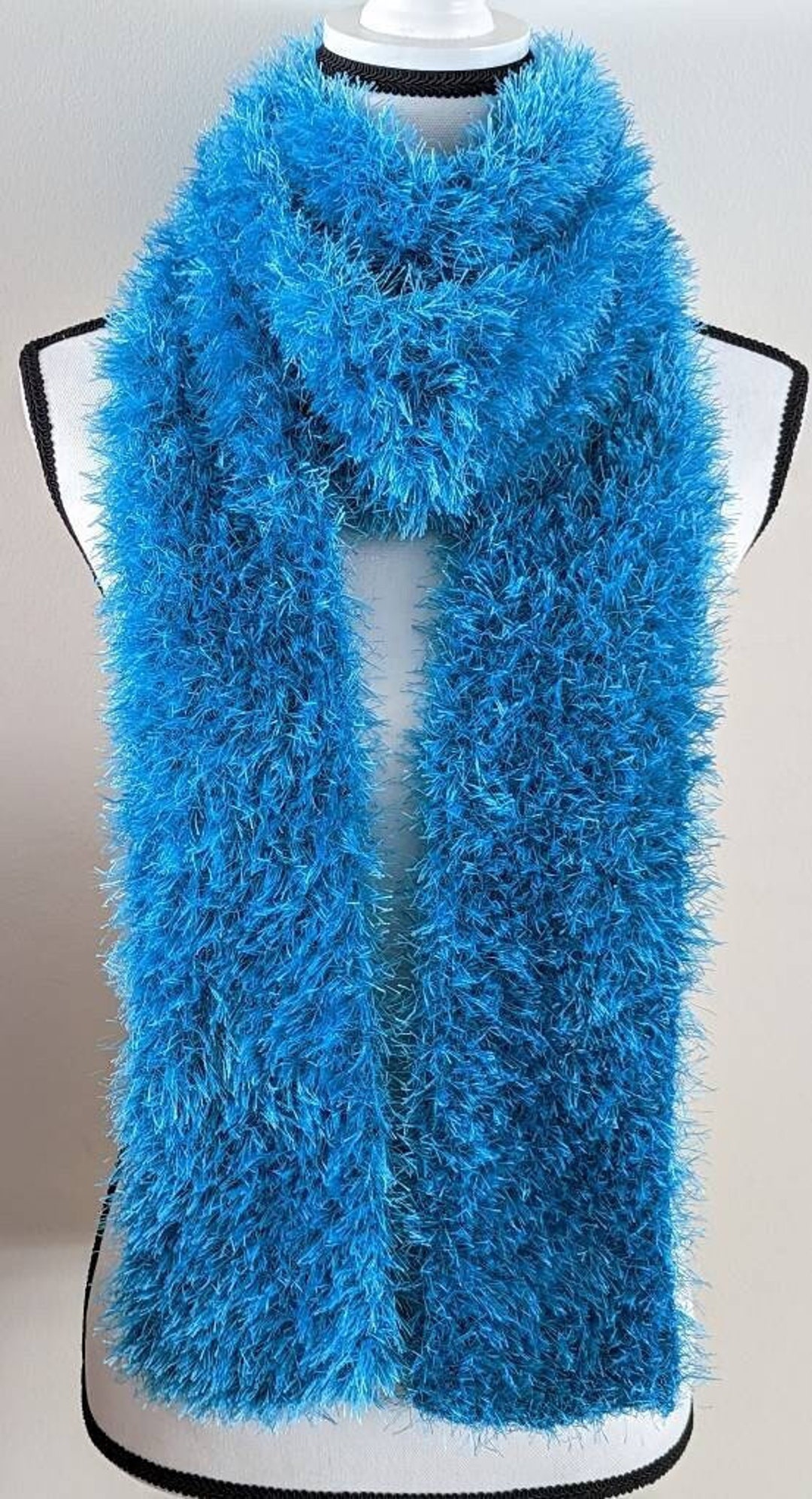 New Handmade Extra Long Fuzzy Knit Scarf in Turquoise Eyelash Yarn - 5 ...