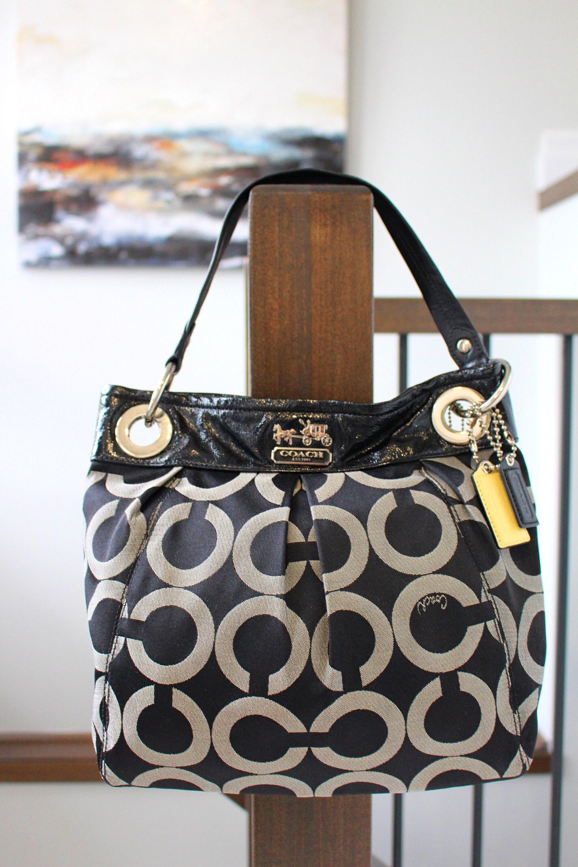 COACH Purse Madison Box Op Art Black & Cream Canvas EUC Signature C ...