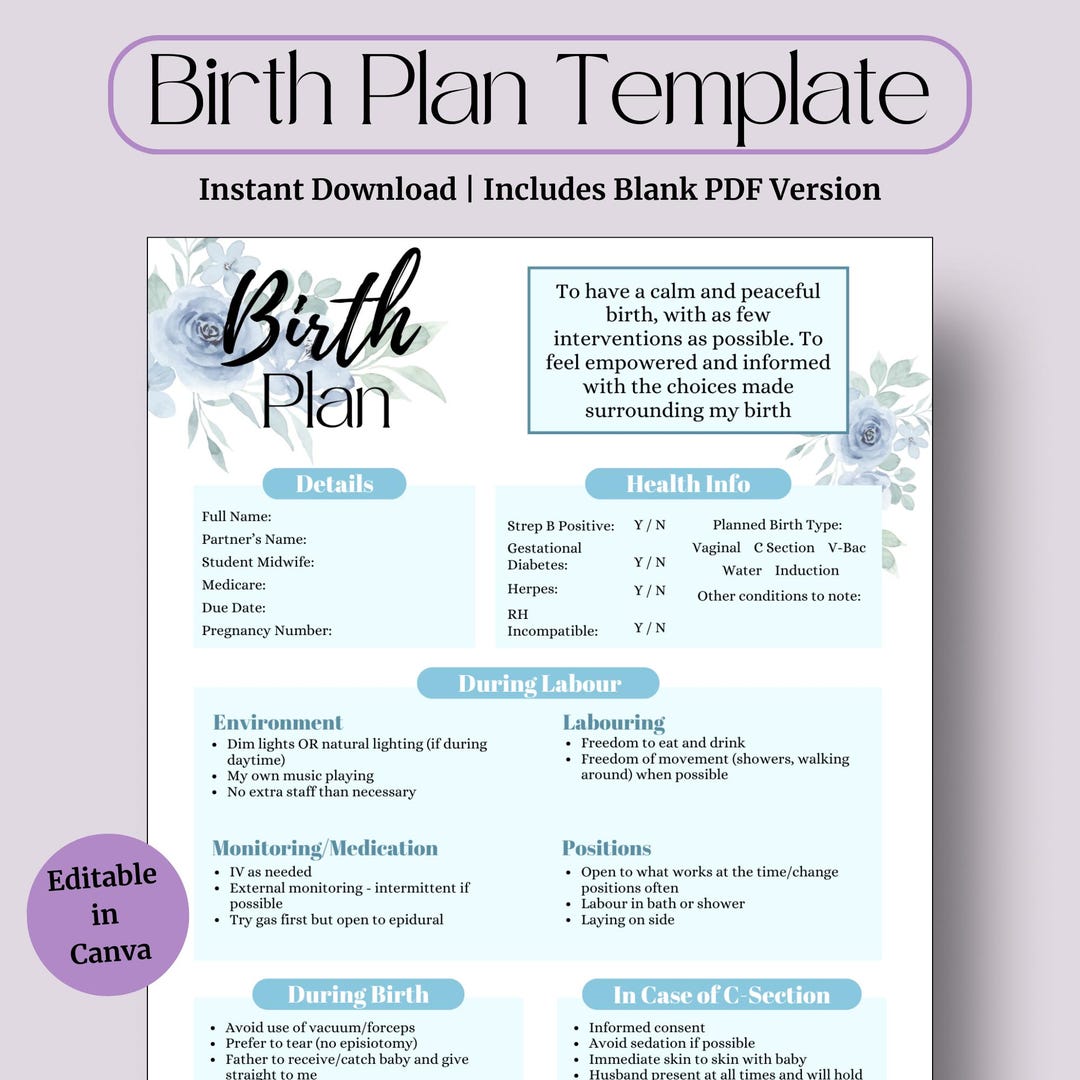 Plantilla de plan de parto imprimible (azul) / Plan de parto y ...
