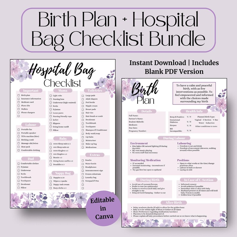 Hospital Bag Checklist + Birth Plan Template | Printable Labour Prep ...