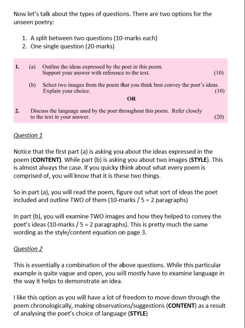 Unseen Poetry Overview / 20-marks / Leaving Certificate English - Etsy