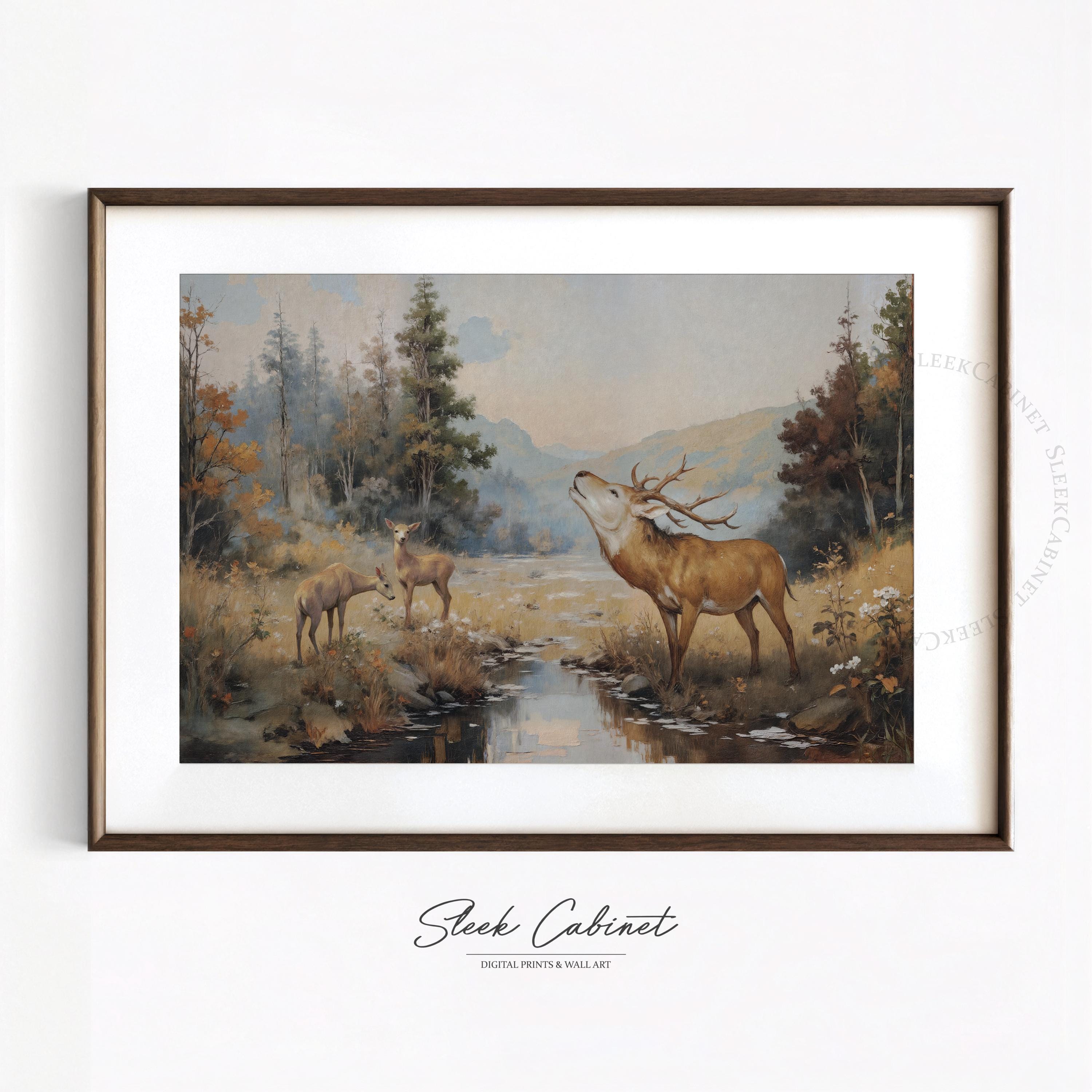 Elk Bugling Print: Vintage Deer Family, Mountain Stream (digital ...