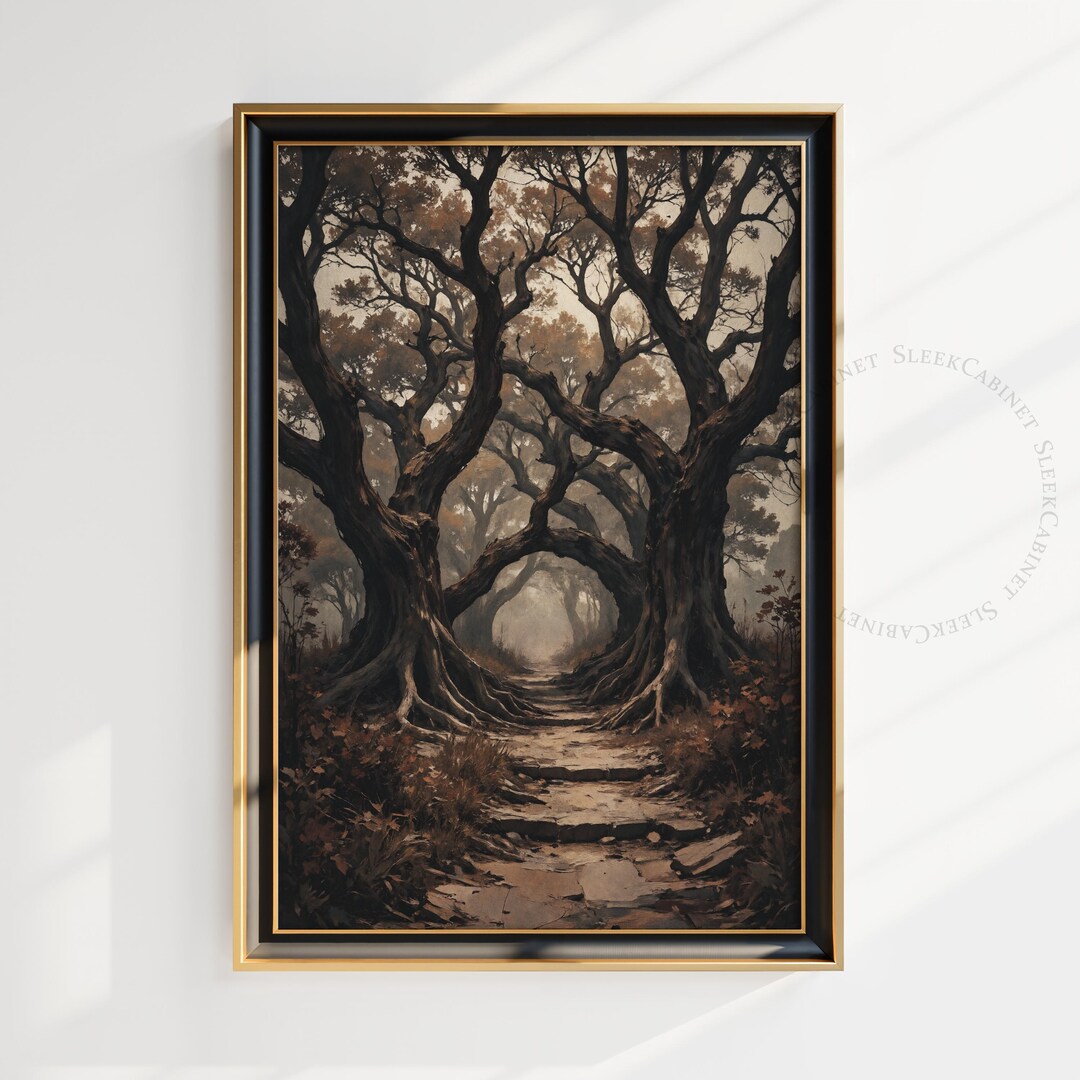 Dark Forest Path Print: Mystical Tree Tunnel Oil Painting (digital ...