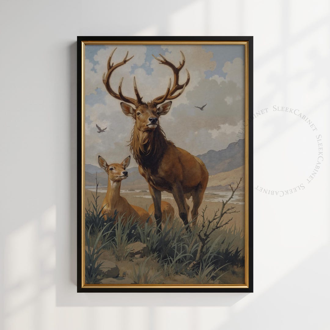Vintage Red Deer Stag and Fawn Print: Rustic Highland Wildlife (digital ...