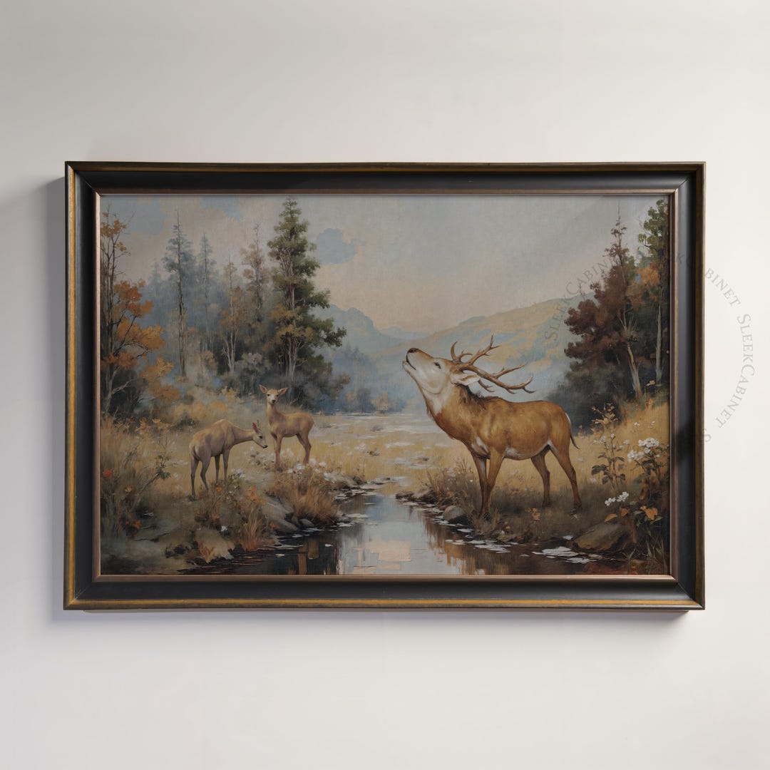 Elk Bugling Print: Vintage Deer Family, Mountain Stream (digital ...