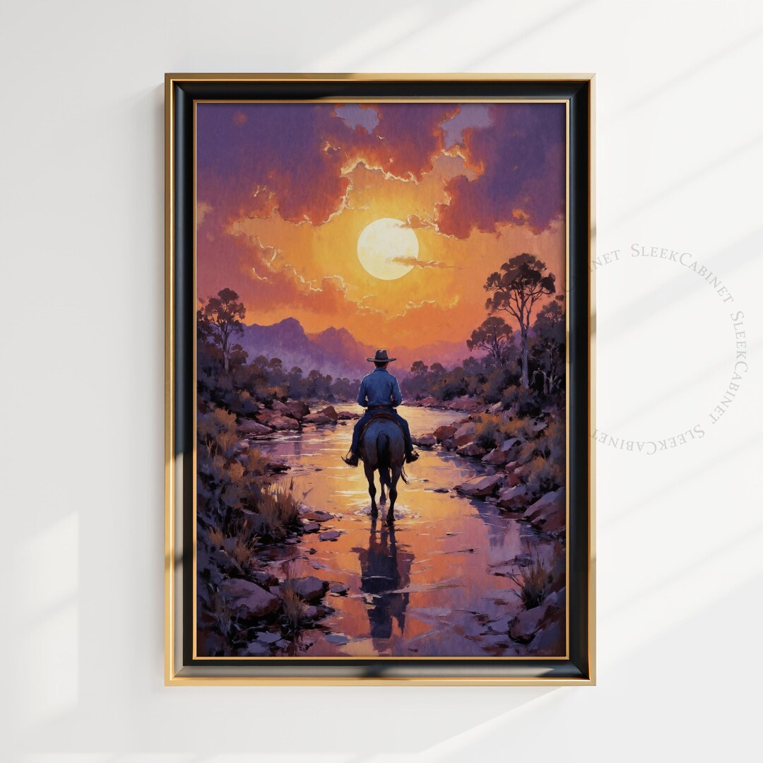 Western Sunset Art Print | Cowboy Horse River Landscape | Purple Orange ...
