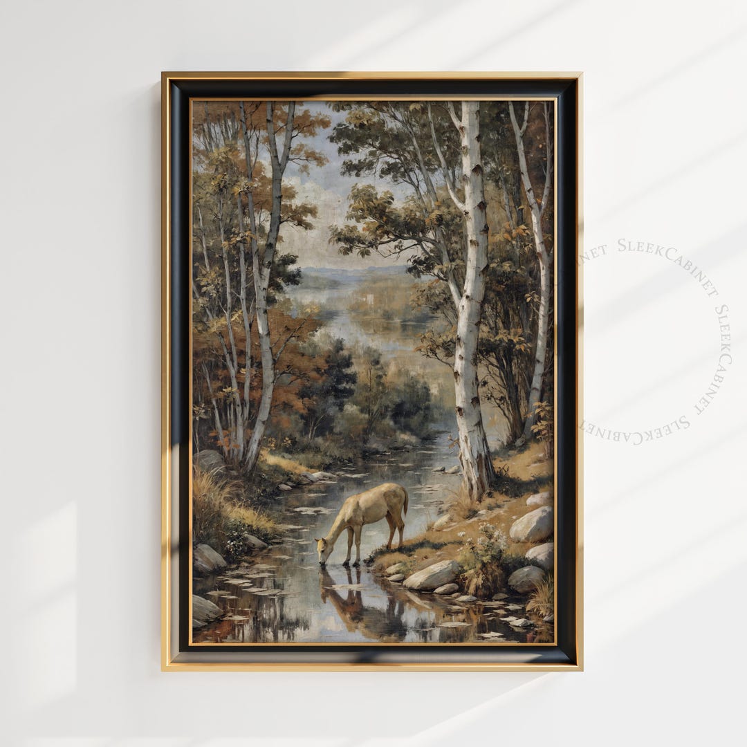 Forest Stream Wall Art | Deer Drinking Water Print | Birch Trees Nature ...