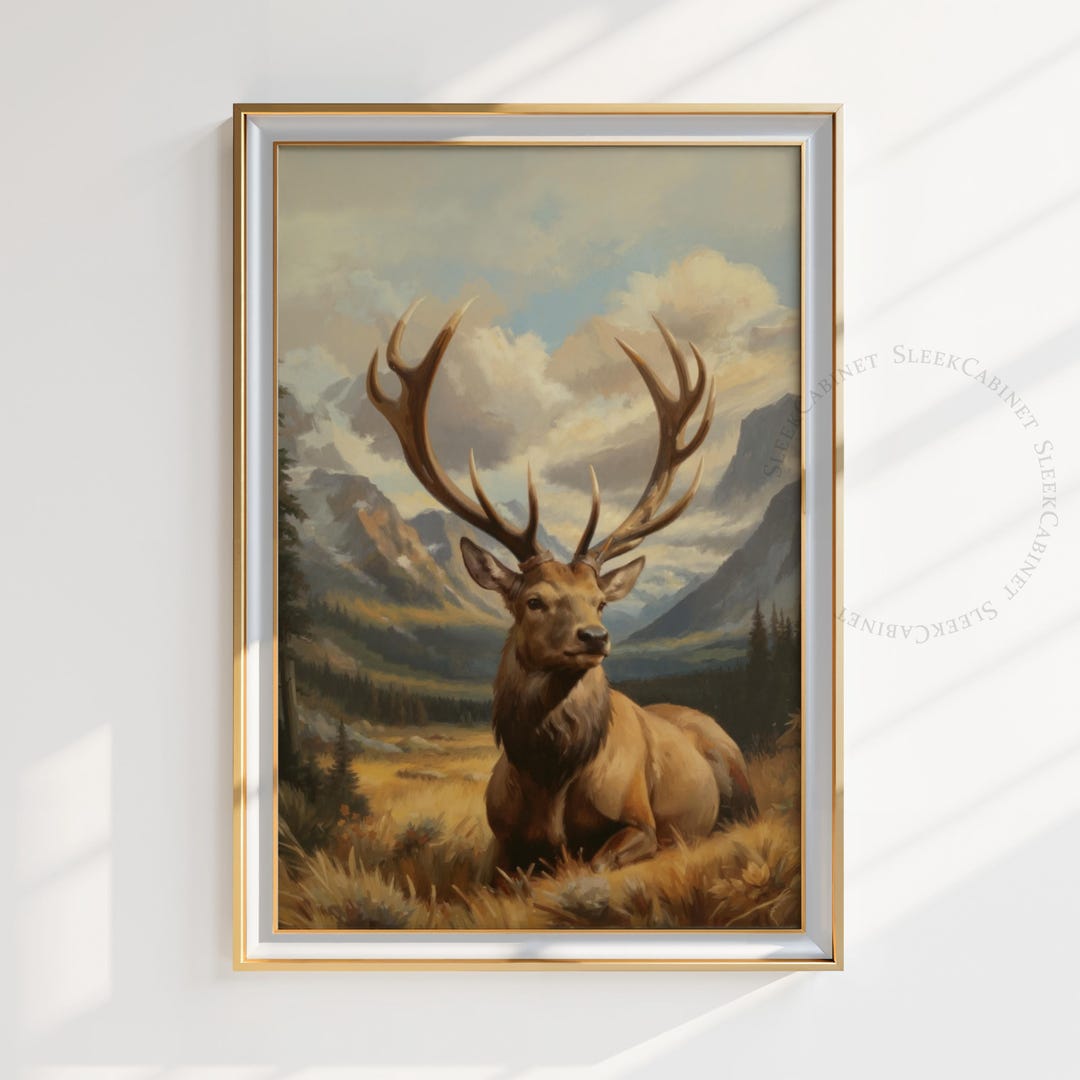 Deer Naturalism Painting | Vintage Elk Hunt Print | Rustic Wildlife ...
