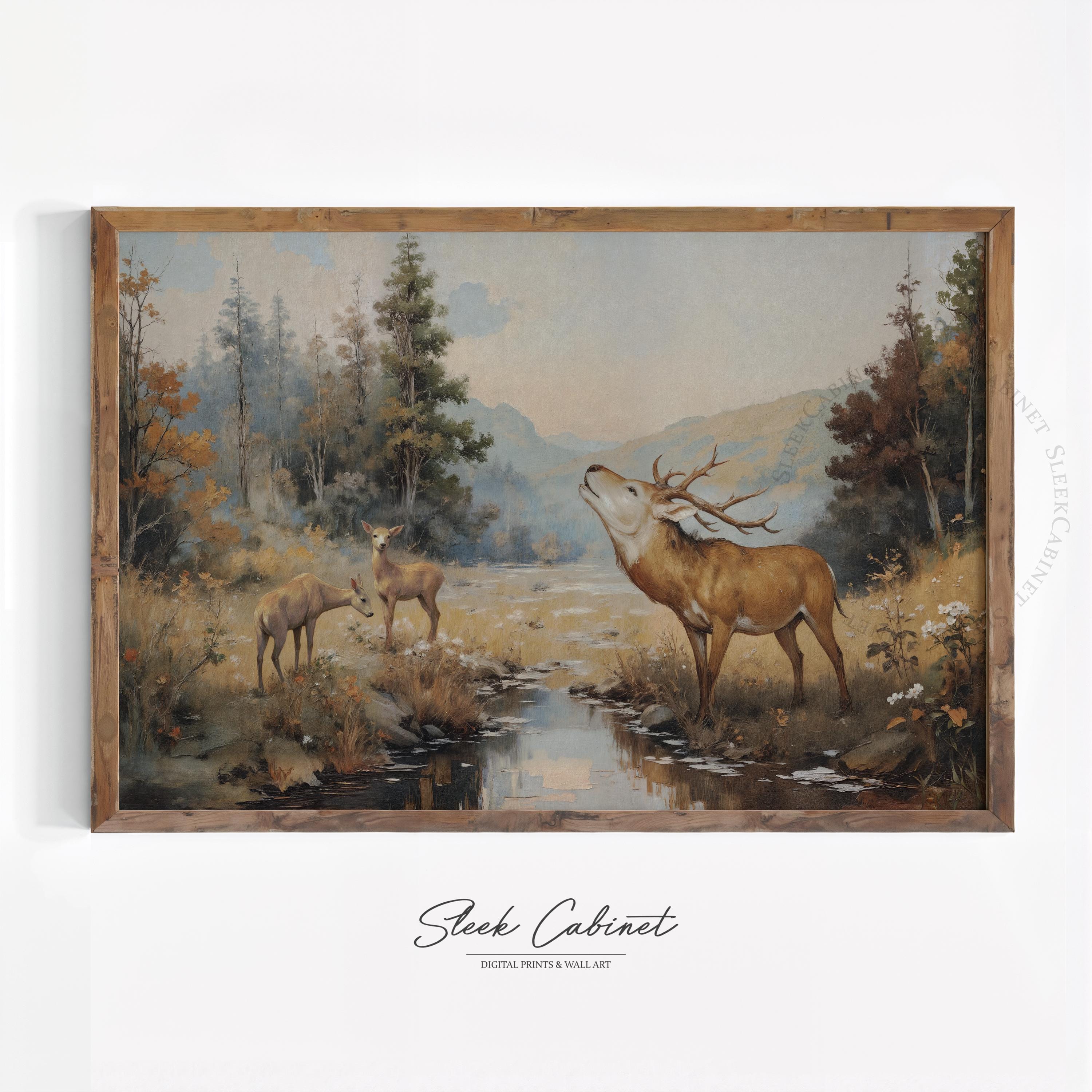 Elk Bugling Print: Vintage Deer Family, Mountain Stream (digital ...