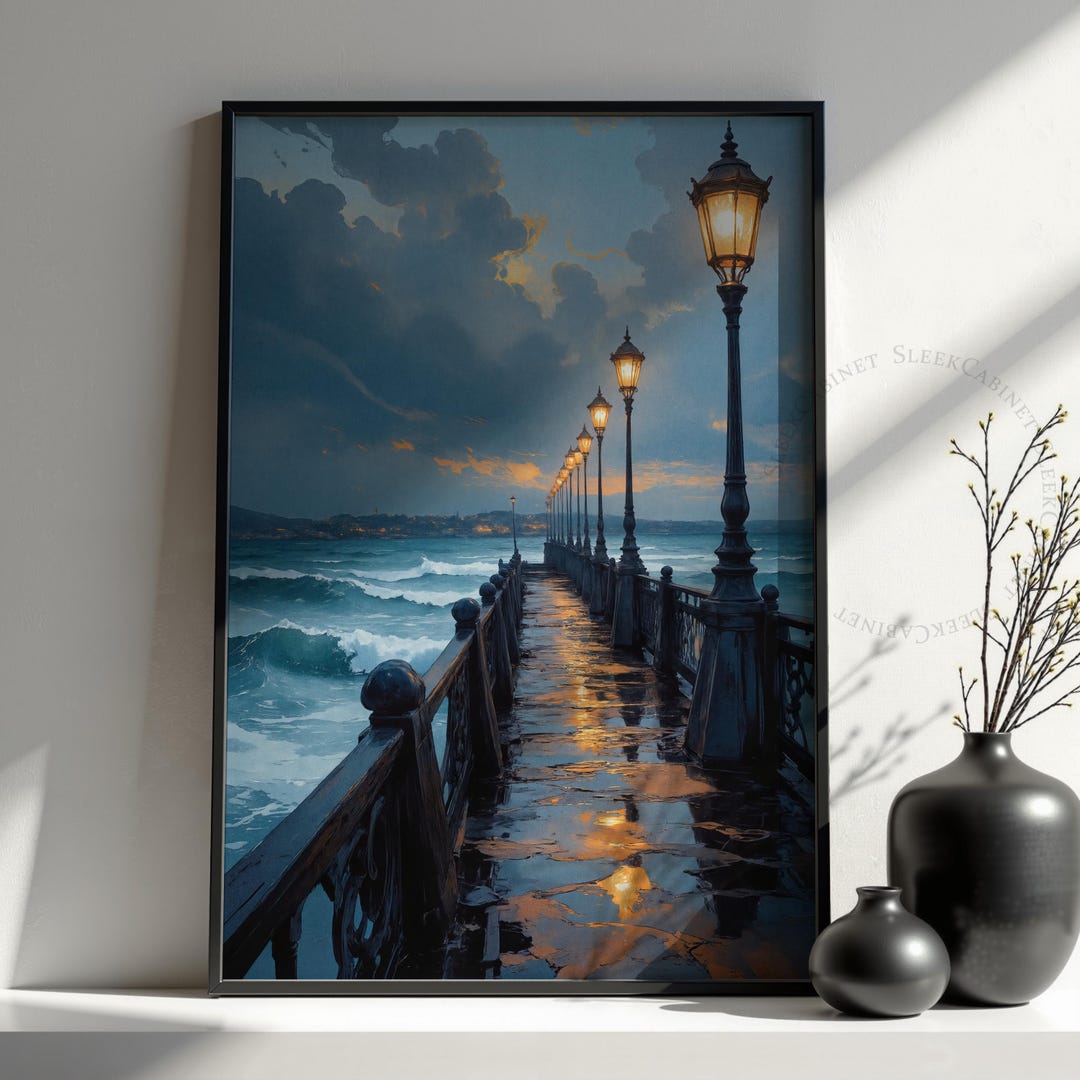 Stormy Pier Wall Art | Vintage Seaside Print | Coastal Lamp Post ...