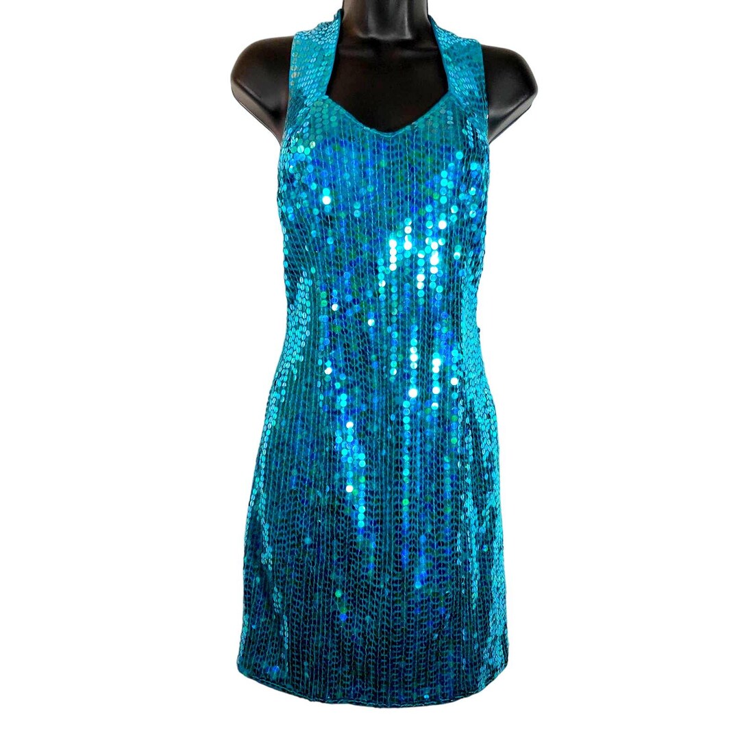 Vintage 90s Teal Sequin Mini Dress: Sleeveless Party Cocktail, Size 6 ...