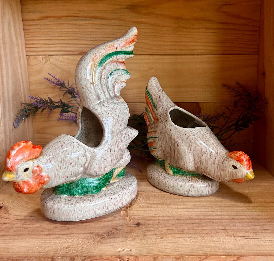 Vintage Rooster and Hen Planter Set – Mid-century Ceramic Kitchen Décor ...