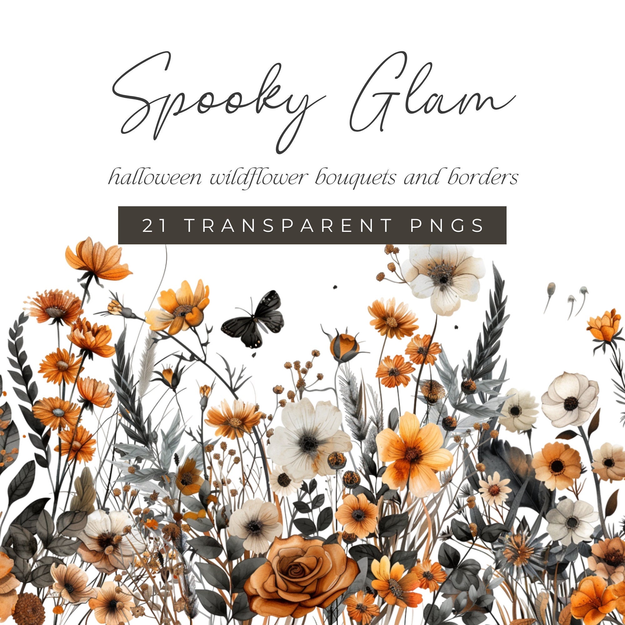 Halloween Floral Clipart Wildflowers Bouquet and Borders Elegant Orange ...