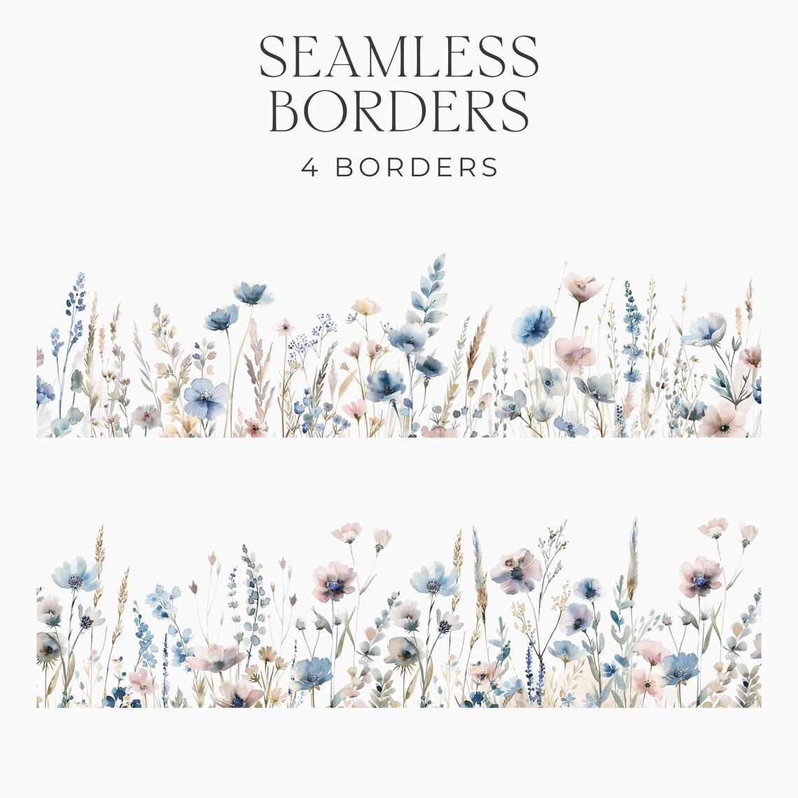 Pastel Wildflowers, Watercolor Wildflower Bouquets and Borders, Blue ...