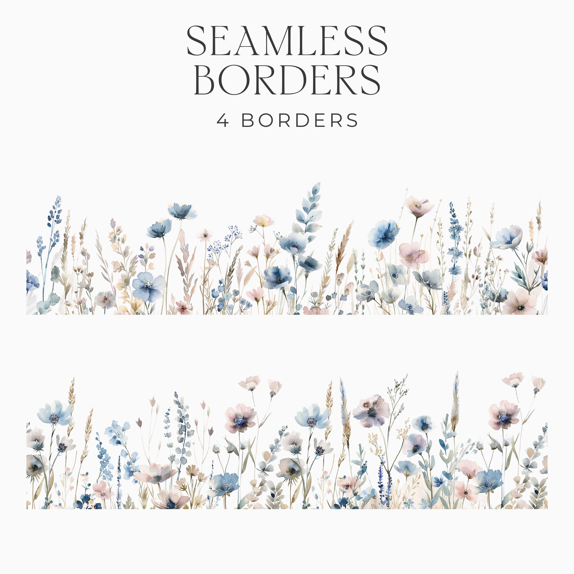 Pastel Wildflowers, Watercolor Wildflower Bouquets and Borders, Blue ...