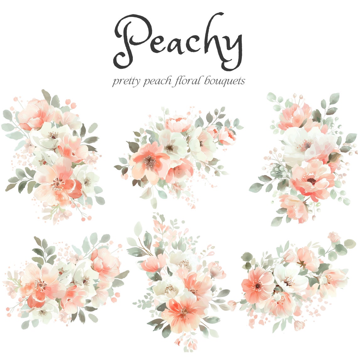Watercolor Floral Clipart, Peach Floral Bouquets Clipart, Peach Flowers ...