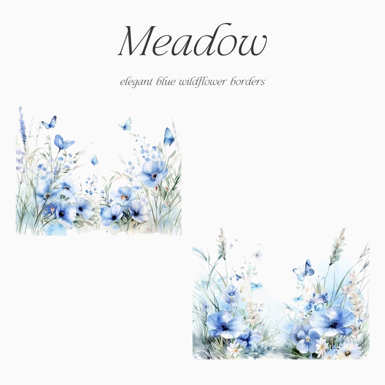 Blue Watercolor Flower Border, Watercolor Meadow Florals, Wildflower ...