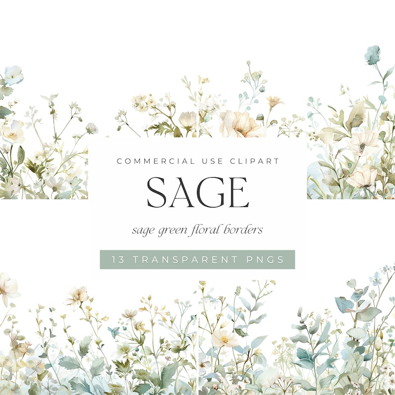 Light Sage Watercolor Floral Border, Green Wildflower Borders ...