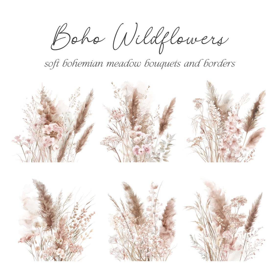 Boho Watercolor Wildflower Bouquets and Borders, Bohemian Meadow Clip ...