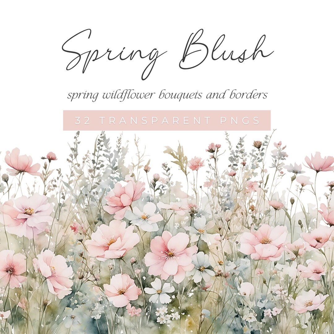 Spring Watercolor Floral Clipart, Soft Pink, Mint, and White Wildflower ...