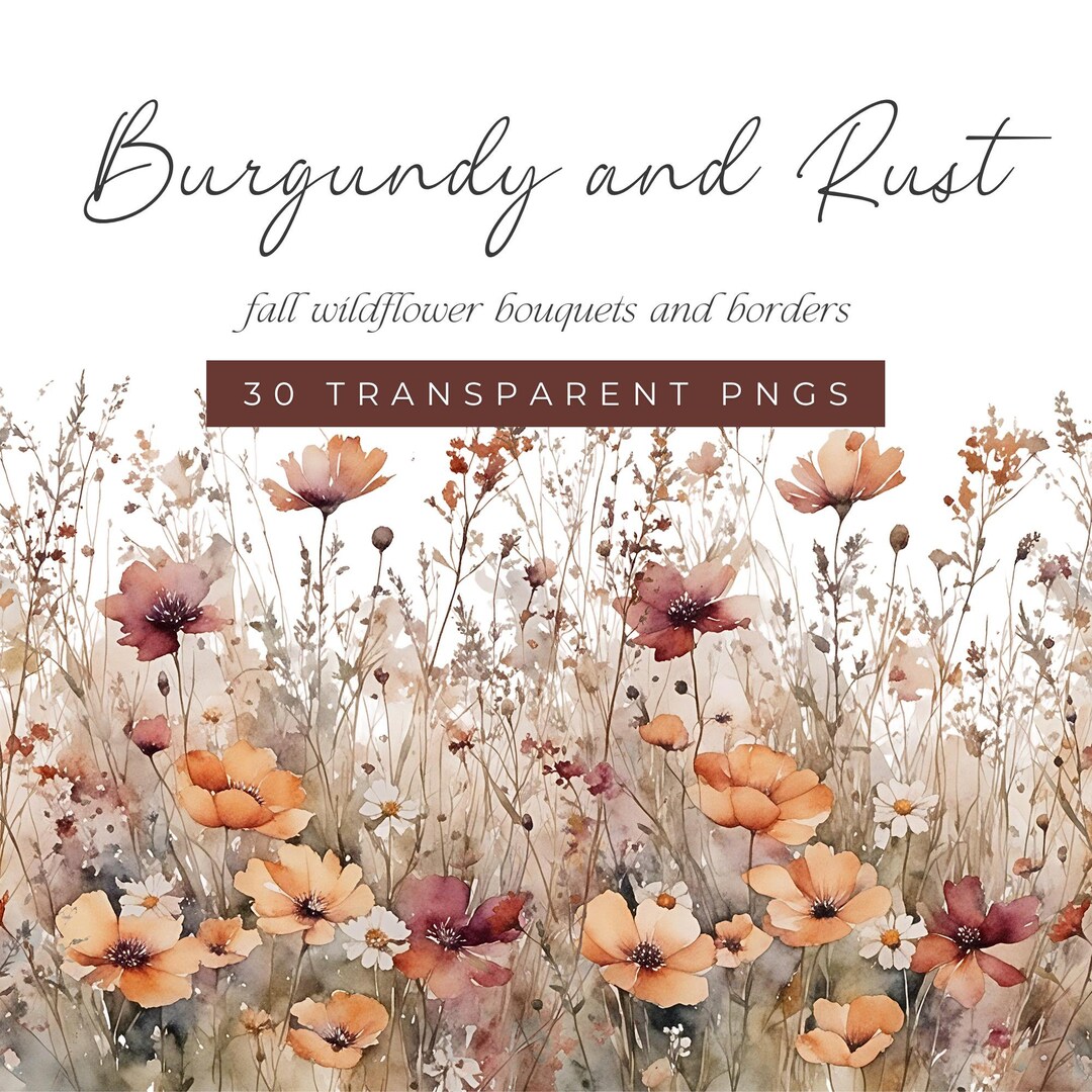 Burgundy and Rust Flower Clipart, Red and Orange Watercolor Floral Clip ...