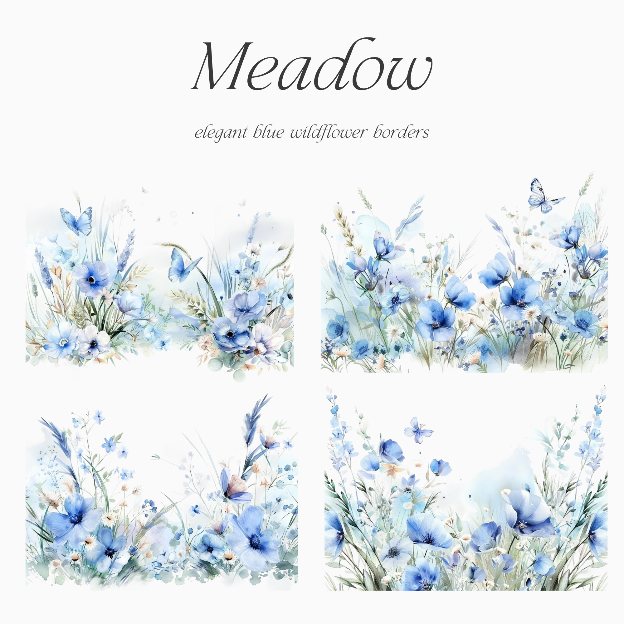 Blue Watercolor Flower Border, Watercolor Meadow Florals, Wildflower ...