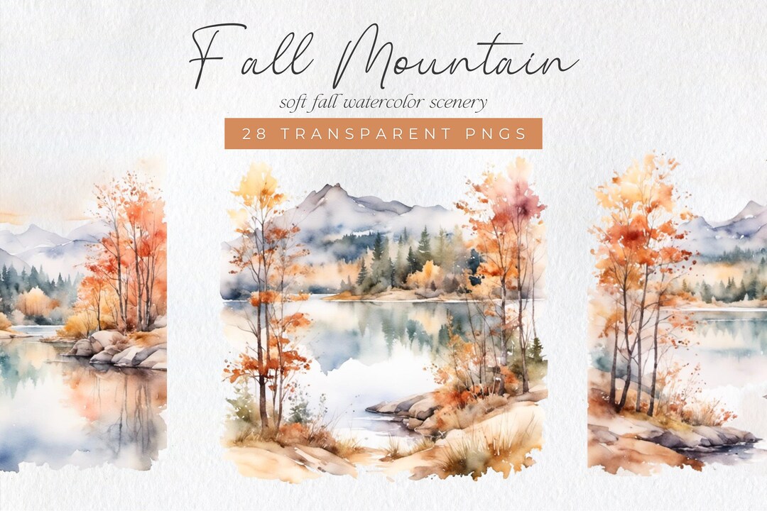 Watercolor Fall Mountain Scenery Clipart Autumn Mountains Scene Autumn ...